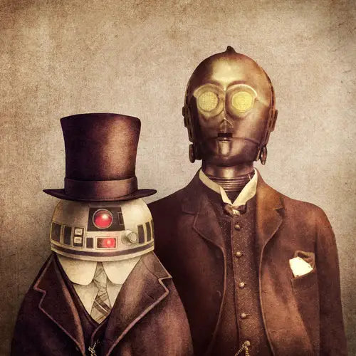 Terry Fan Victorian Robots on Bright White Birch Wood – Prints On Wood